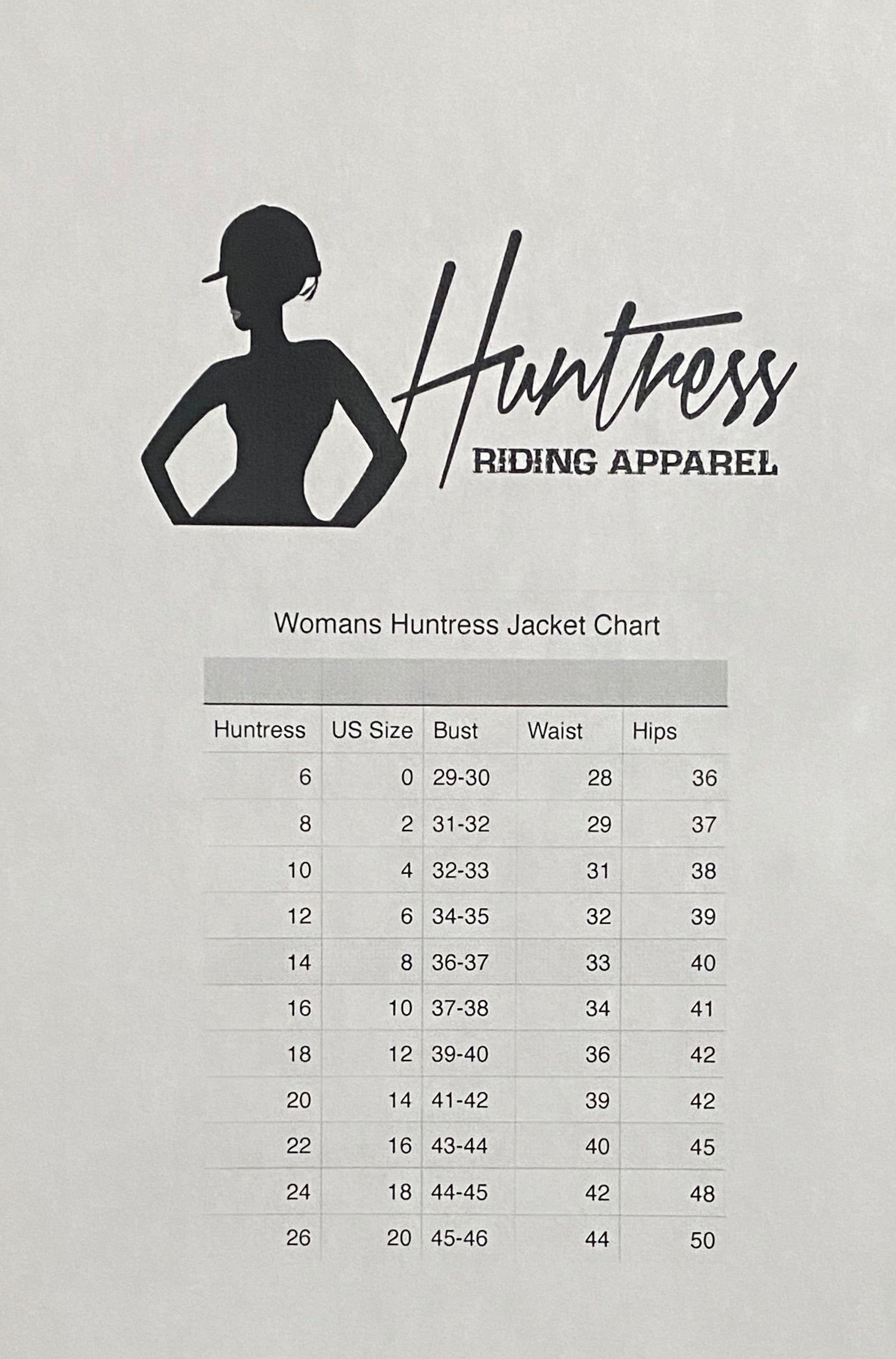 Size Chart/ Custom Info / Policies – Huntress Riding Apparel